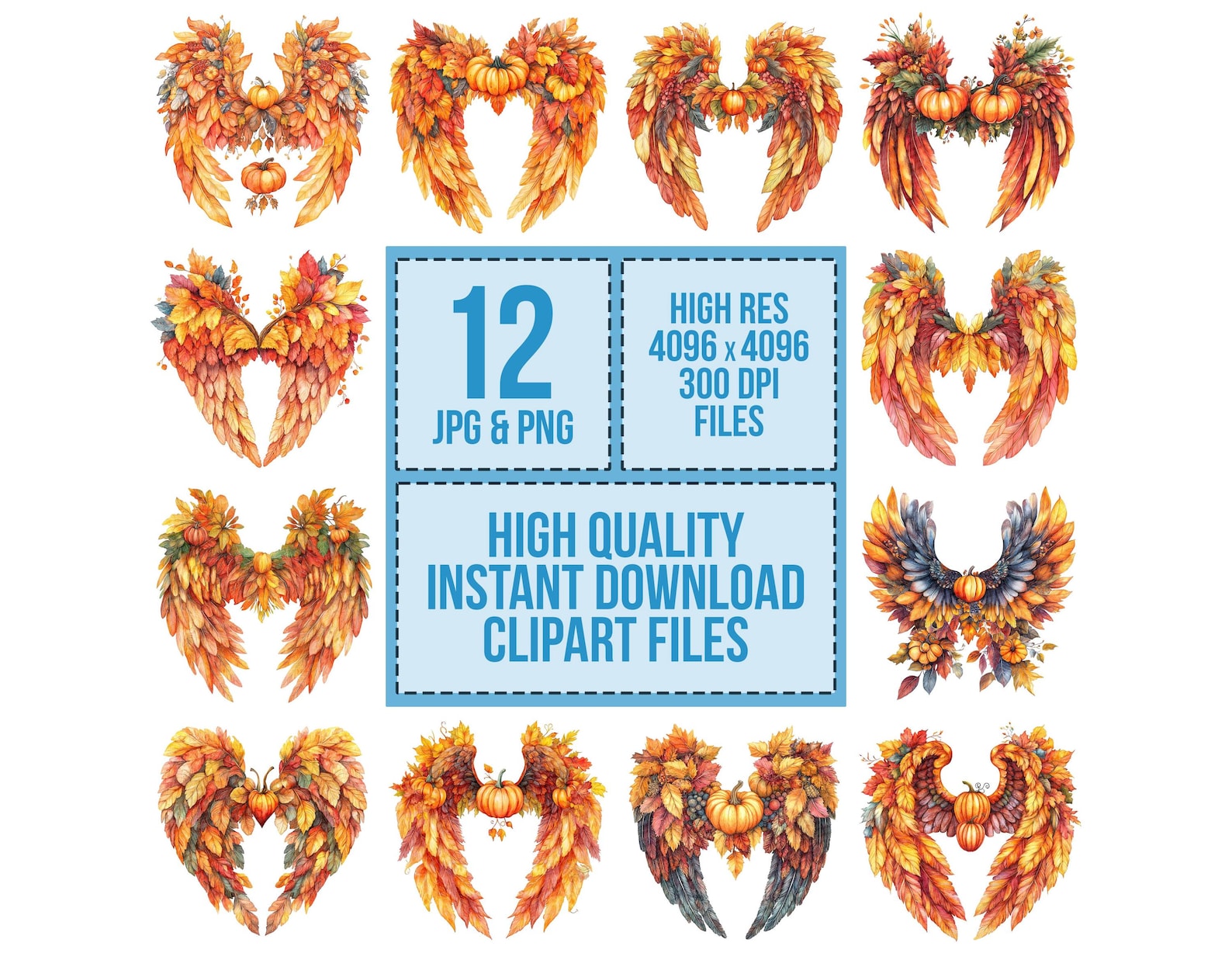 Autumn Angel Wings PNG Clipart, 12x Fall Leaves Pumpkin Clip Art Set ...
