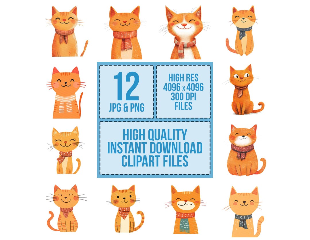 Ginger Cat PNG Clipart, 12x Tabby Cat Clip Art Set, Watercolor Tabby ...