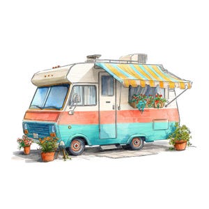 12x Watercolor Camper Van PNG Clipart, Vintage Caravan Clip Art Set ...