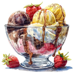 12 Banana Split Ice Cream Clipart, Watercolor Sundae Dessert Clipart ...