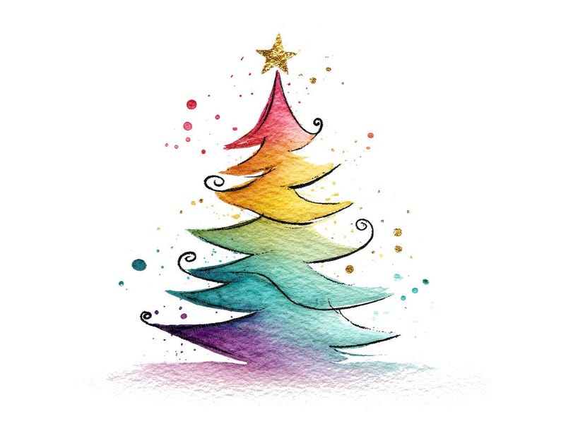 Sketch Rainbow Christmas Tree PNG Clipart, 12x Watercolor Holiday Tree ...