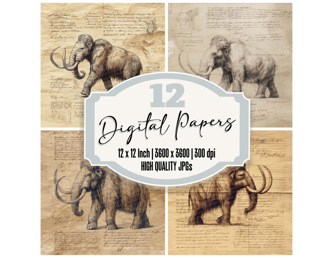 12x Mammoth Sketch Junk Journal Paper Vintage Digital Paper Pack High ...