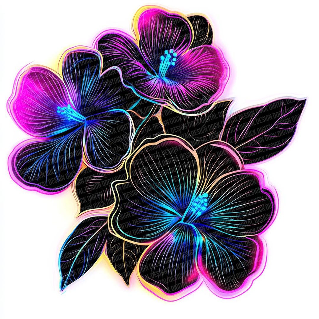 Neon Floral Clip Art, 12x Bright Glow PNG Flowers Clipart Set ...