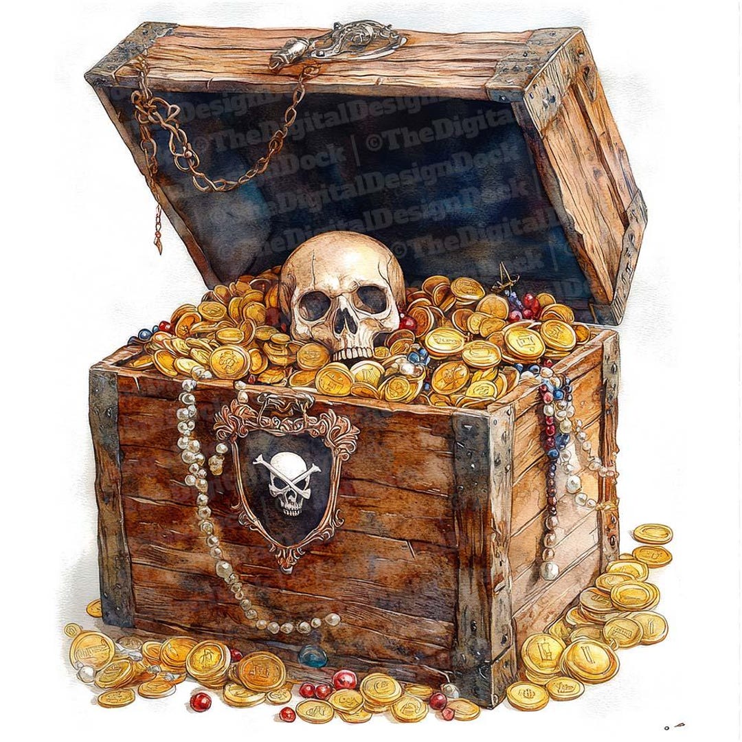 Treasure Chest Clip Art, 12x Pirate Treasure Clipart Set, Skull and ...