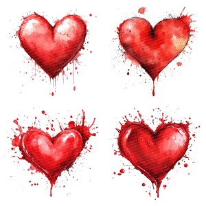 Red Watercolor Heart PNG Clipart, 12x Splatter Love Heart Clip Art Set ...