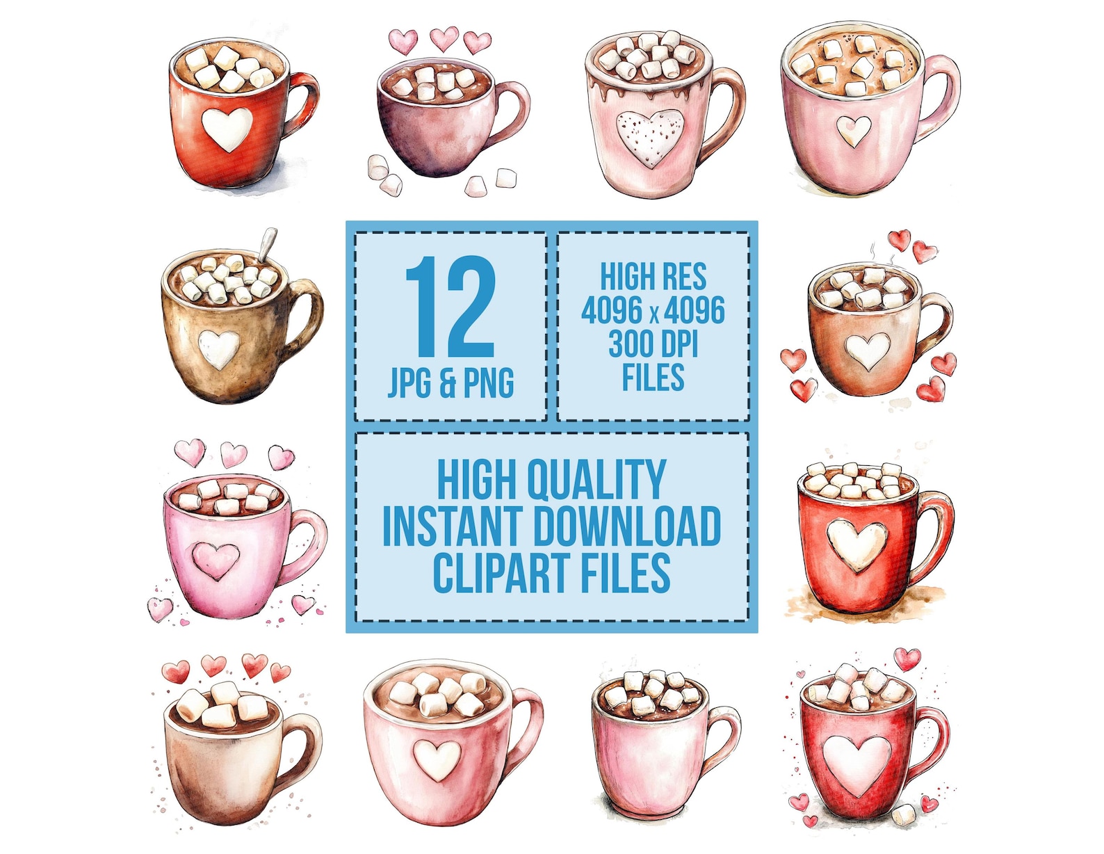 Hot Cocoa PNG Clipart, 12x Valentine Mug Clip Art Set,printable ...