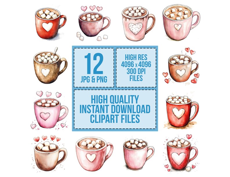 Hot Cocoa PNG Clipart, 12x Valentine Mug Clip Art Set,printable ...