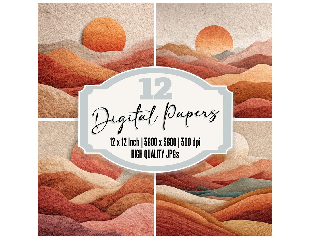Sunset Terracotta Boho Landscapes – 12 Digital Papers Featuring Sun ...