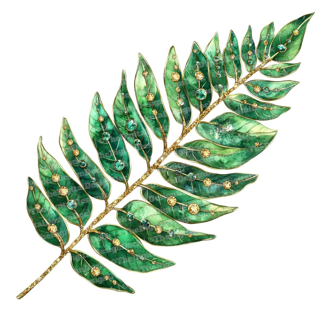 Jeweled Leaf Clip Art, 12x Watercolor Leaf With Gems Clipart Set ...