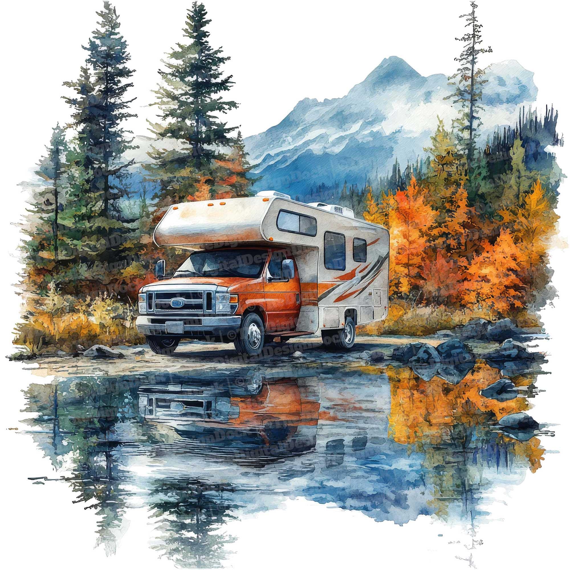 12x RV Clipart, Watercolor Camper Van in Nature, High Quality Jpgs ...