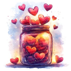 12x Jar of Heart Clipart, Watercolor Hearts in a Jar, Love Clipart ...