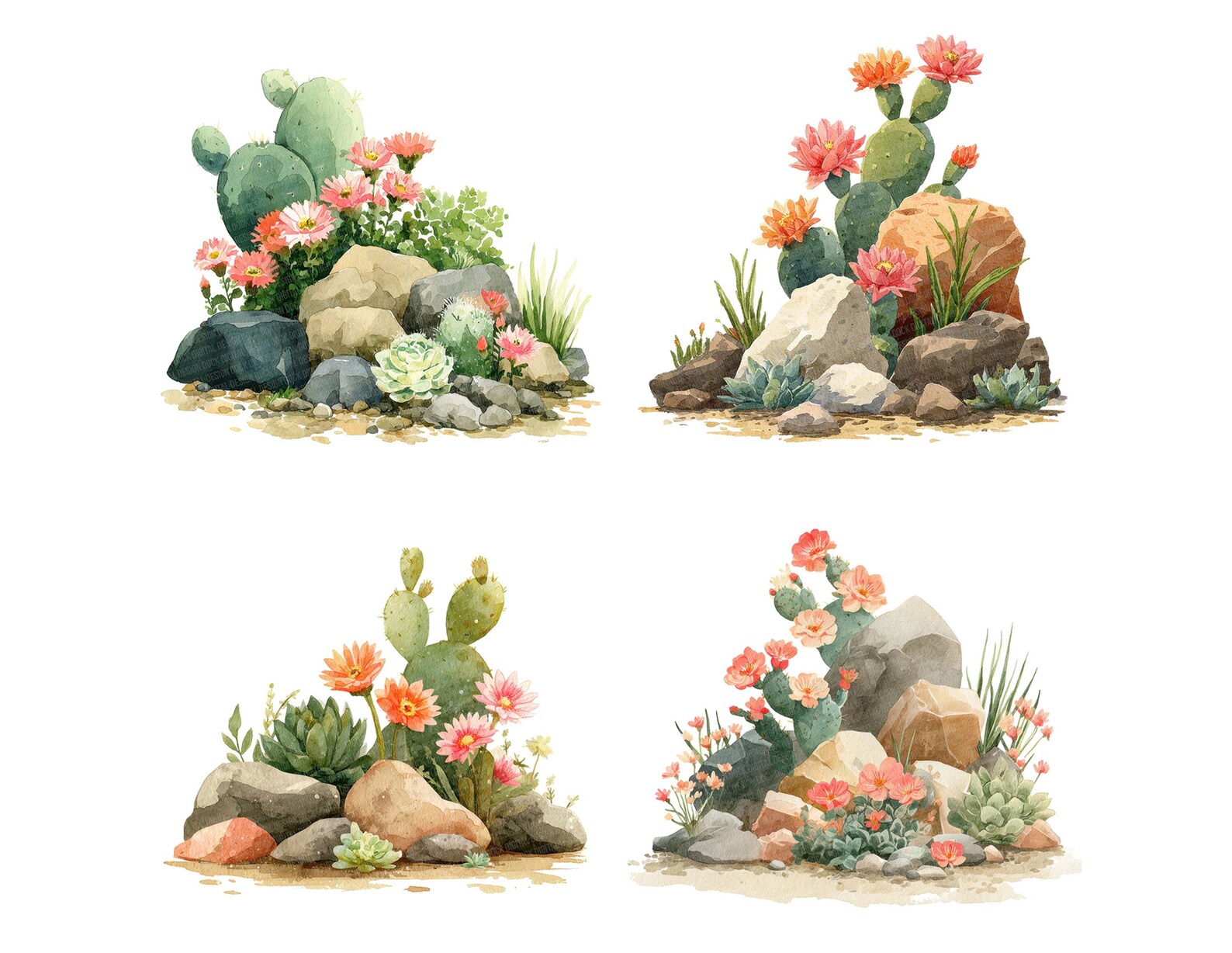 Cactus and Desert Flower Rockery PNG Art, 12x Southwestern Succulent ...
