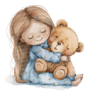 12 Girl With Teddy Bear Clipart, Watercolor Children Clipart, Printable ...