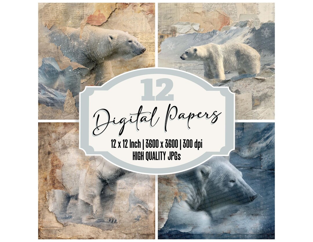 12x Polar Bear Junk Journal Paper Arctic Map Digital Paper Pack High ...