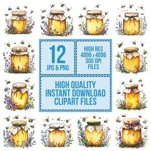 Honey Jar PNG Clip Art, 12x Folk Art Bee and Flower Clipart Set ...