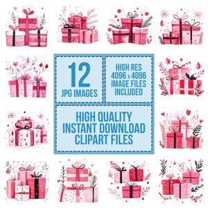 12 Pink Christmas Gifts Clipart, Xmas Presents Clipart, Printable ...
