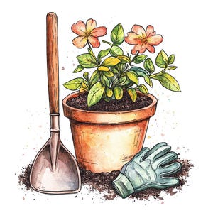 12x Gardening PNG Clipart, Potted Flowers and Tools Clip Art Set ...