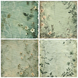 12x Distressed Green Floral Digital Paper, Vintage Lime Botanical Junk ...