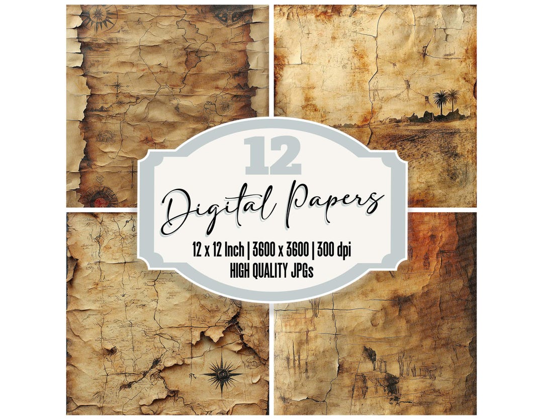 12x Aged Treasure Map Digital Paper Pack, Junk Journal Paper, Cracked ...