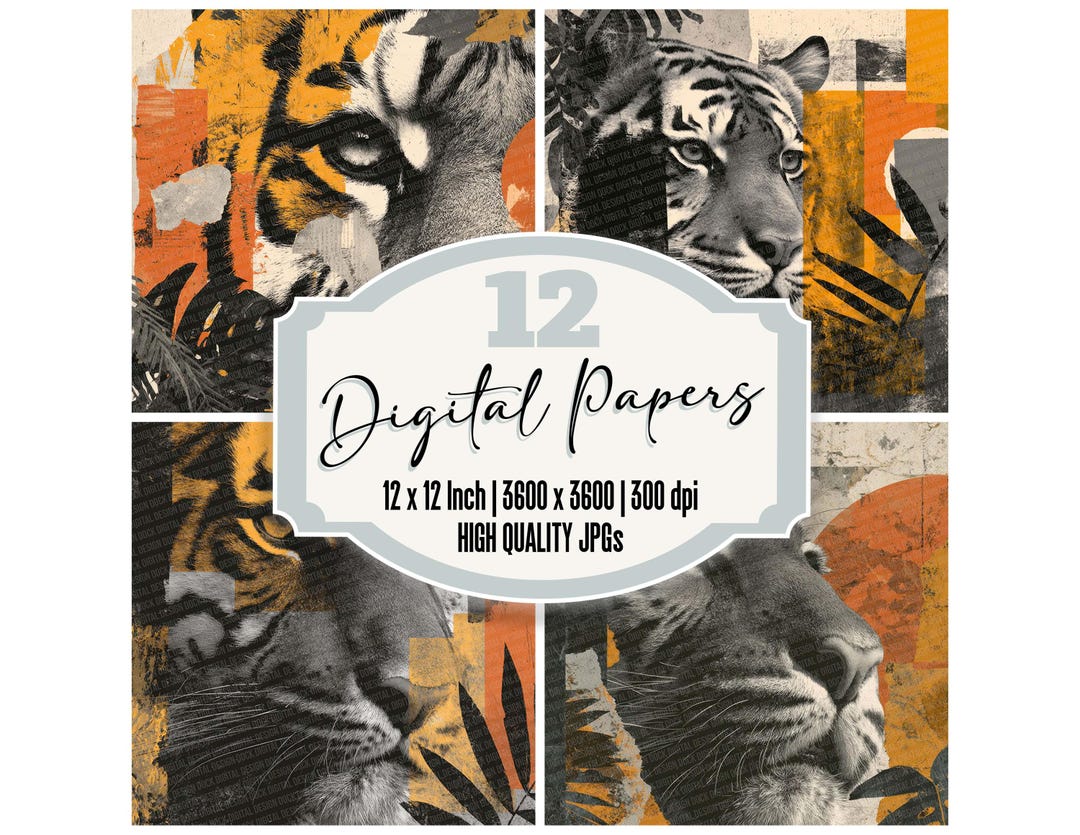 12x Tiger Jungle Junk Journal Paper Digital Paper Pack Wildlife ...