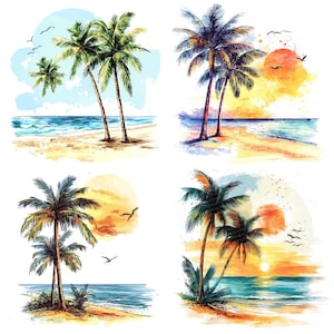 12x Palm Tree Beach PNG Clipart, Watercolor Ocean Clip Art Set ...