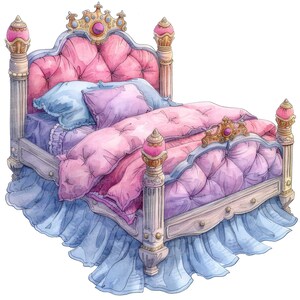 12x Princess Bed Clipart, Pink Crown Bed Clipart, Printable Watercolor ...
