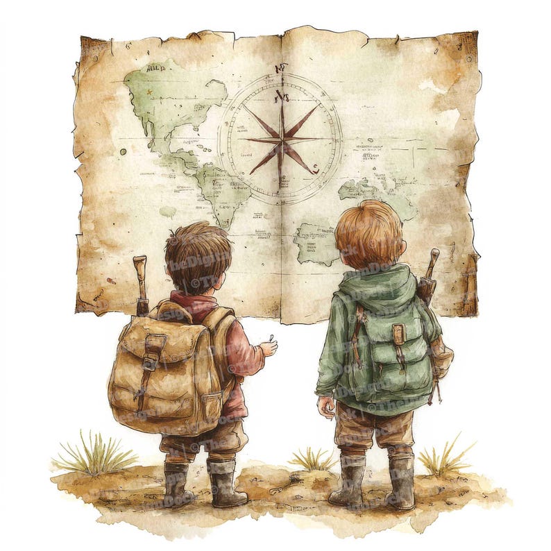 Adventure Kids Clip Art, 12x Watercolor Kids With Map Clipart Set ...