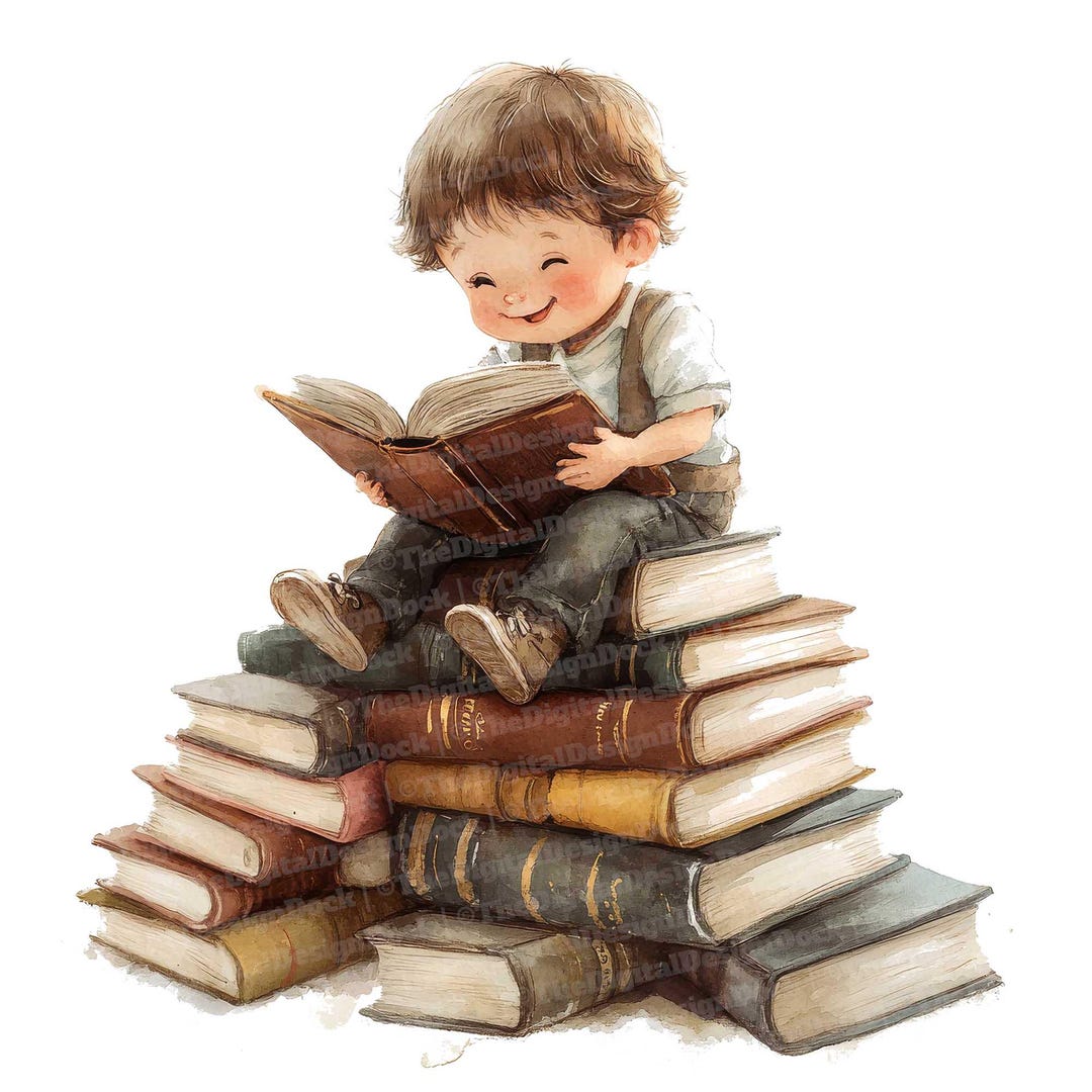 12x Child Reading Clipart, Watercolor Vintage School Reading Boy Girl ...