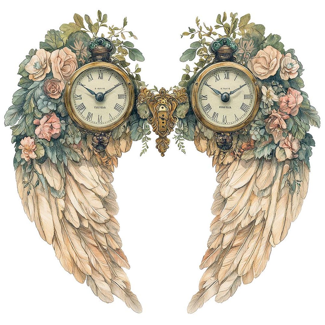 Clock Angel Wings PNG Clipart, 12x Watercolor Vintage Floral Wings Clip ...