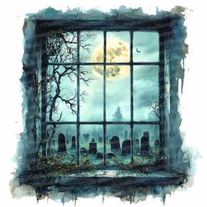 12x Gothic Cemetery Clipart, Haunted Graveyard Window, Printable ...