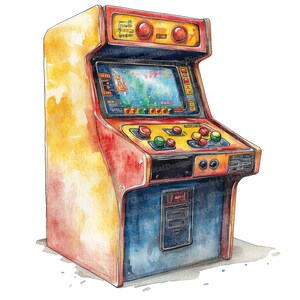 Vintage Arcade Machine Clipart, Retro Gaming Watercolor, Printable ...