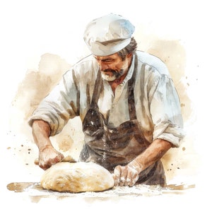 Baker Clipart, 12 Jpgs, Bread Making Clipart, Printable Watercolor ...