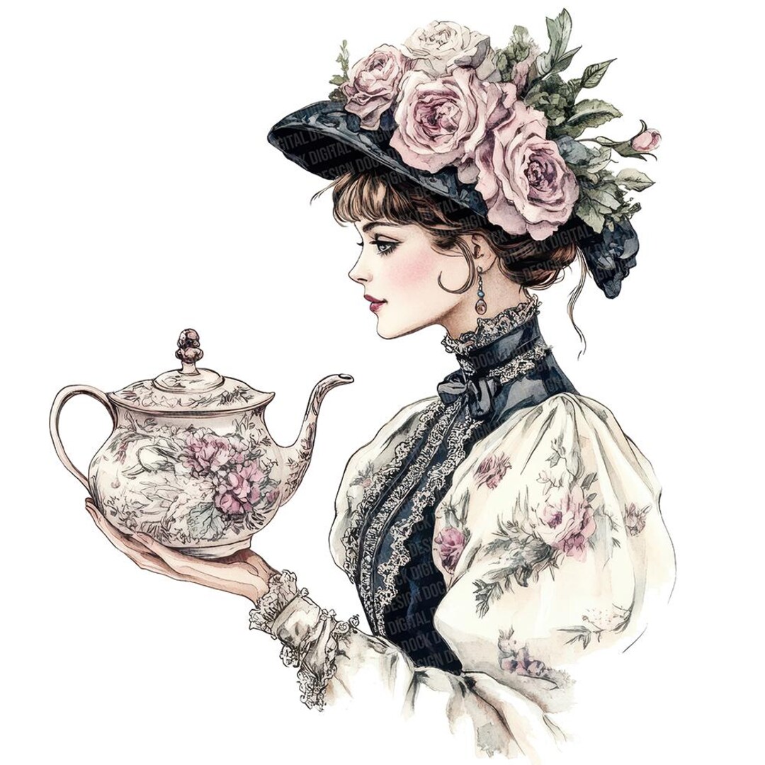 Victorian Woman With Floral Teapot PNG Clipart, 12x Tea Lady Clip Art ...