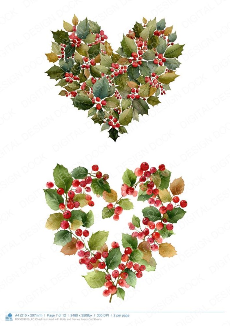 Christmas Heart With Holly and Berries Fussy Cut Sheets, 12x Printable ...