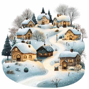 12x Winter Village Clipart, Snowy Cartoon Houses Scene, Printable ...