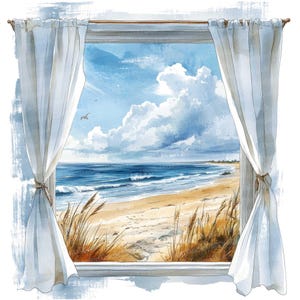 12x Coastal View Clipart, Beach Window Scene, Printable Watercolor ...