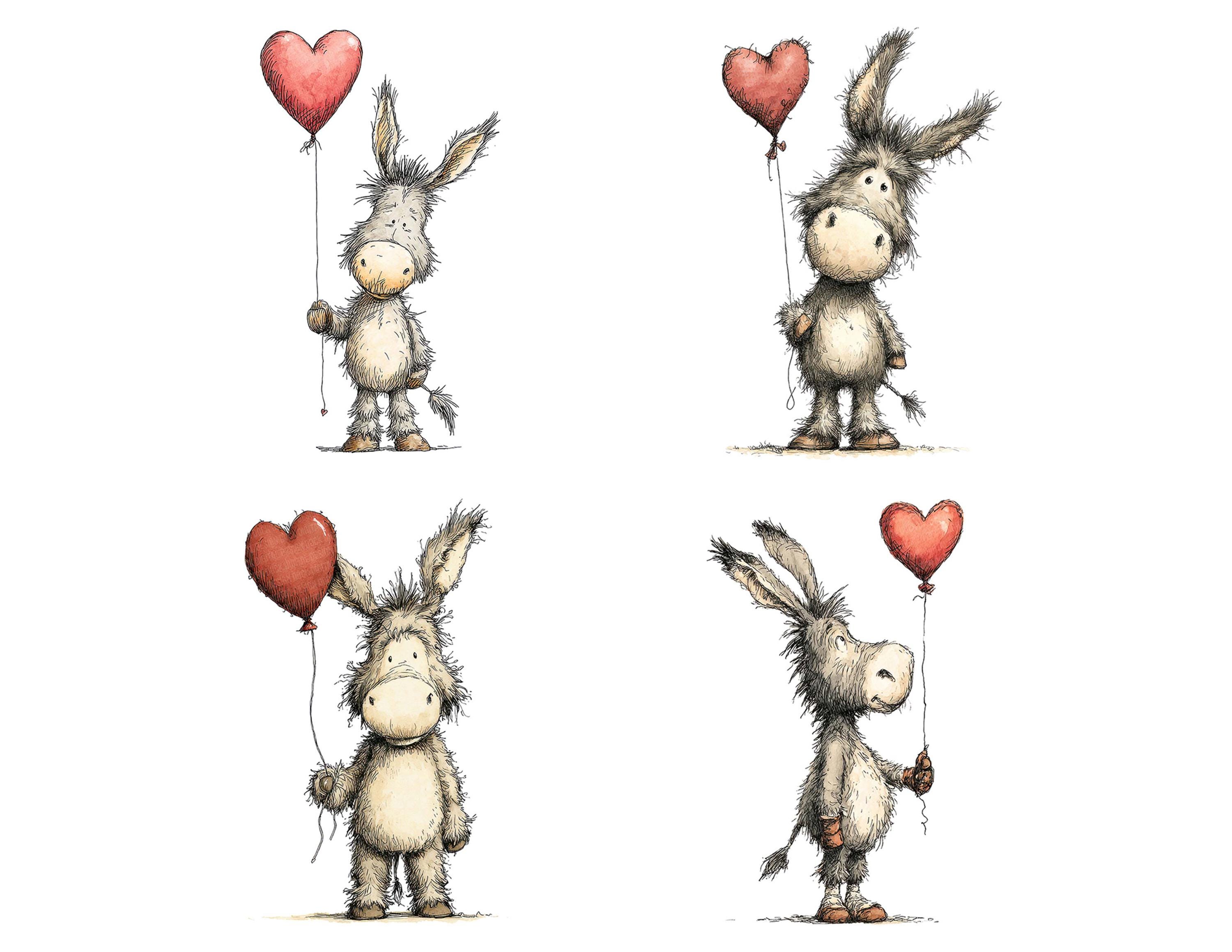 Tatty Donkey Clipart, 12x Heart Balloon Animal Clip Art Set, Printable ...