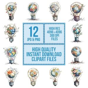 12x Earth in Lightbulb PNG Clipart, Floral Planet Clip Art Set ...