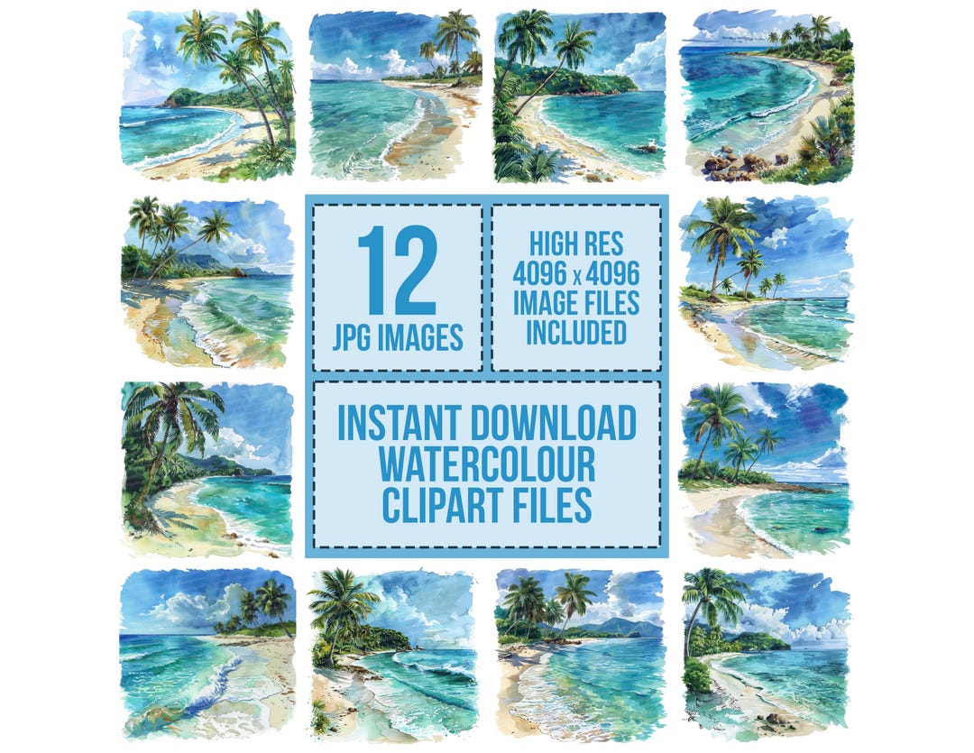 12 Tropical Beach Scene Clipart, Watercolor Coastal Clipart, Printable ...