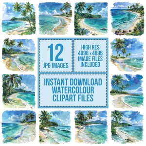 12 Tropical Beach Scene Clipart, Watercolor Coastal Clipart, Printable ...