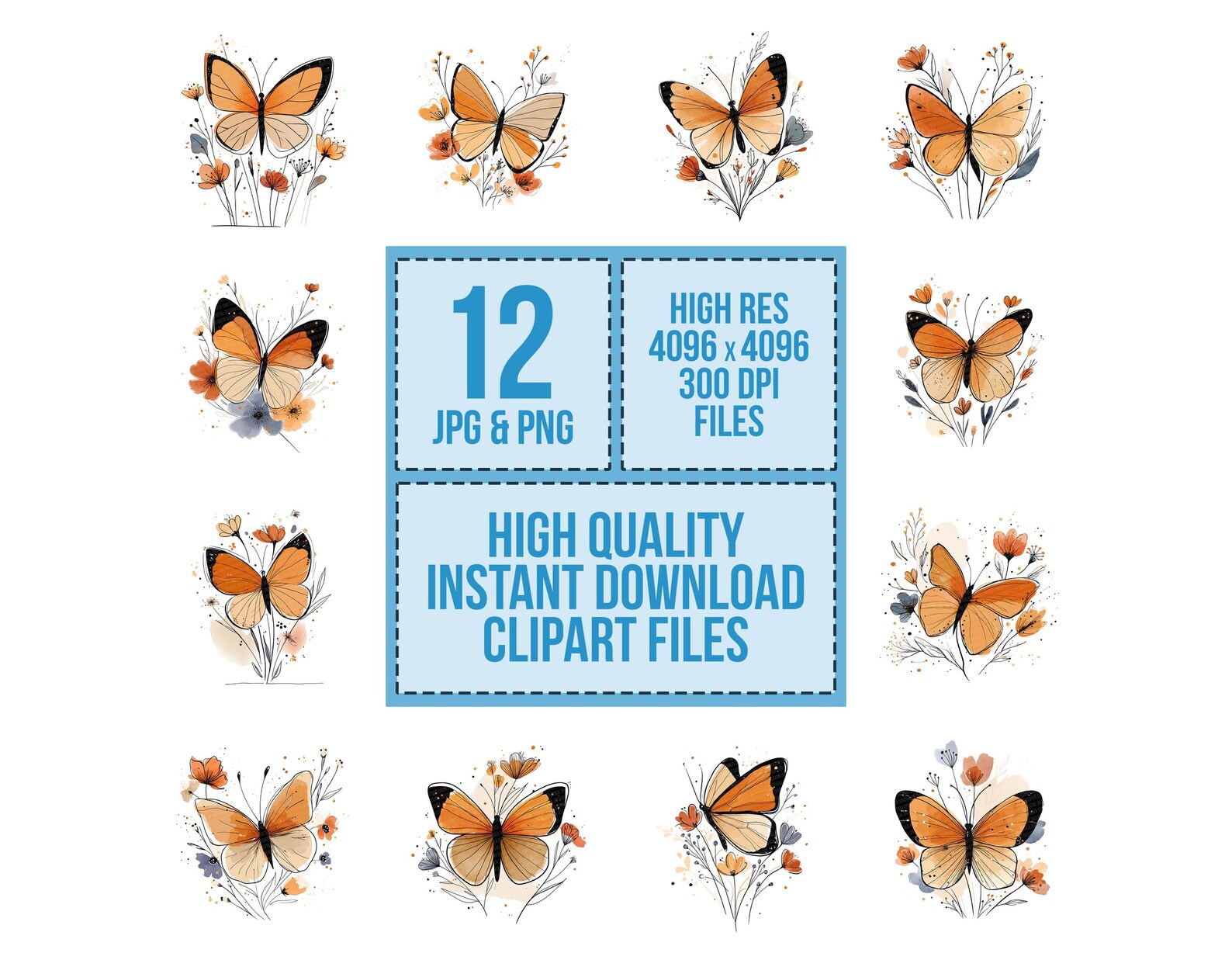 Butterfly Clipart, 12x Floral Butterfly Clip Art Set, Printable ...