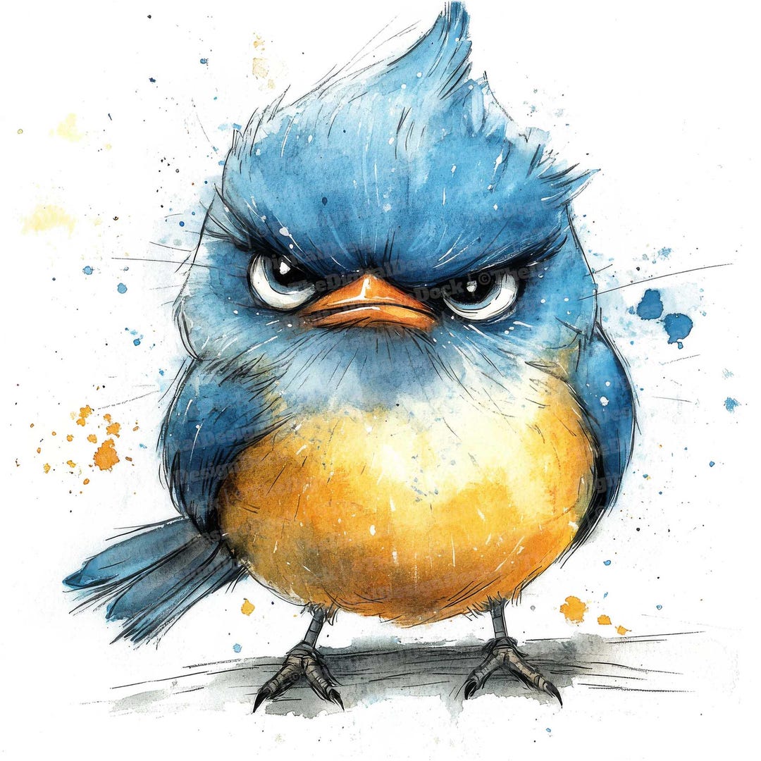 12x Grumpy Bird Clipart, Crazy Blue Bird, Digital Watercolor ...