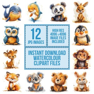 12 Cute Nursery Animal Clipart, Watercolor Baby Animal Clipart ...