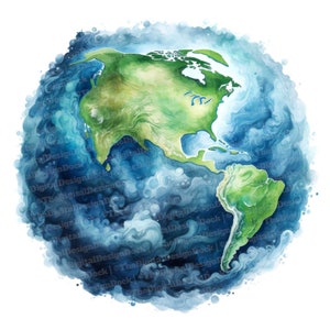 Earth Map Clipart, 12 Jpgs, Planet Earth Watercolor Clipart, Printable ...