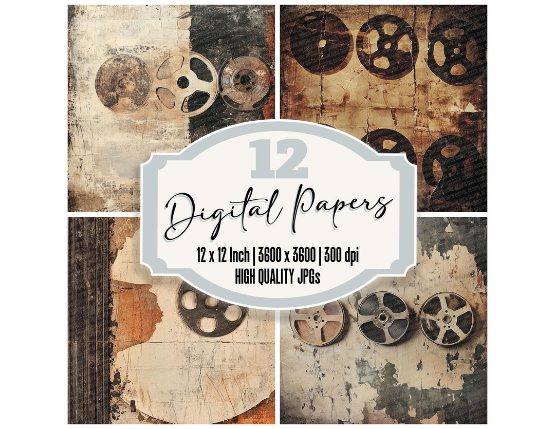 12x Vintage Film Junk Journal Paper, Distressed Movie Reel Digital ...