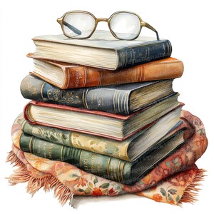 12 Vintage Books Clipart, Watercolor Stack of Books Illustration ...