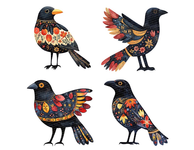 Folk Crow PNG Clipart, 12x Floral Crow Clip Art Set, Printable ...