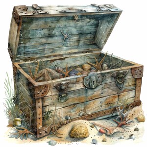 Treasure Chest Clipart, 12 Jpgs, Marine Sea Ocean, Printable Watercolor ...
