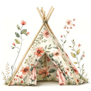 Floral Teepee Clipart, Kids Boho Tent Watercolor, Printable Clipart ...