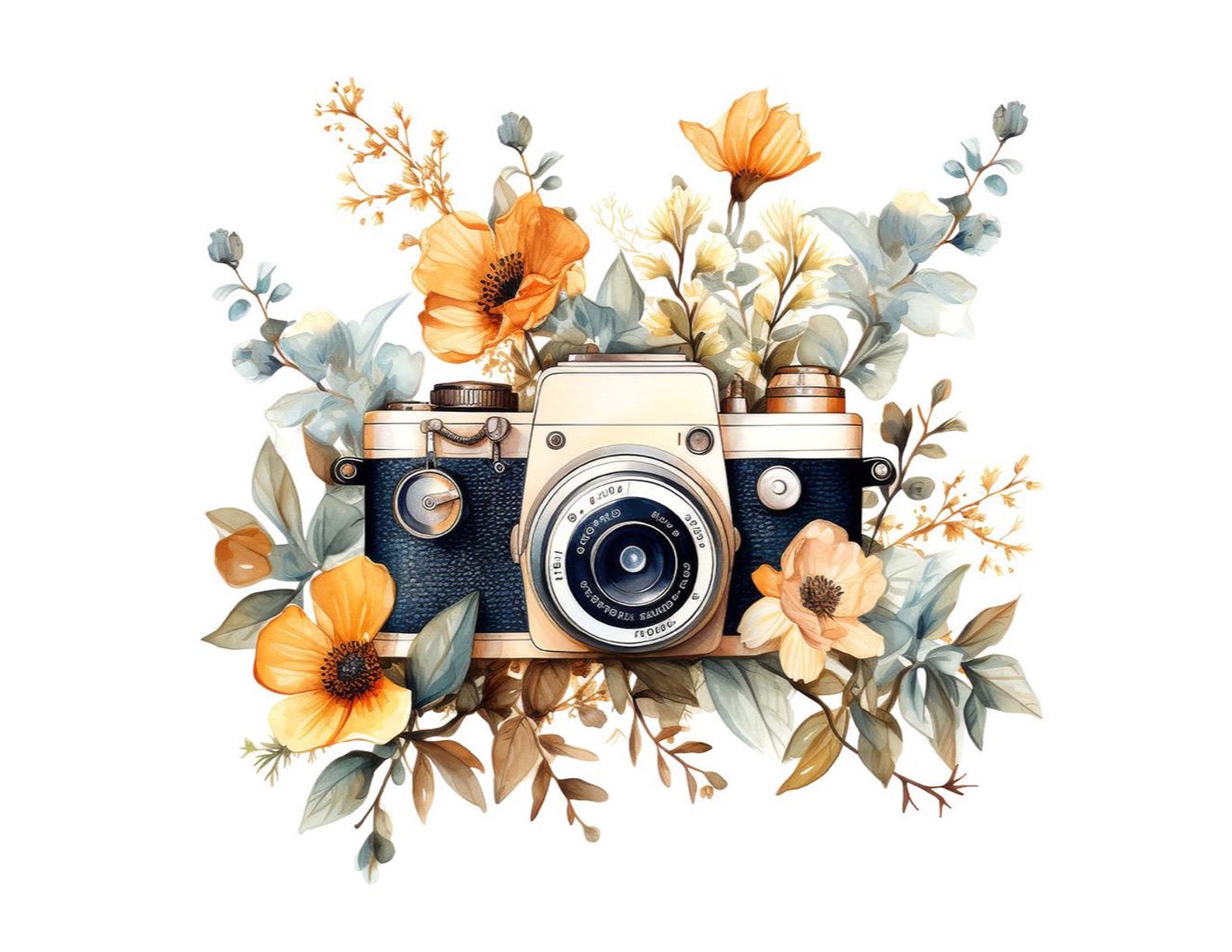 Vintage Camera Clipart, 12x Floral Photography PNG Set, Printable ...
